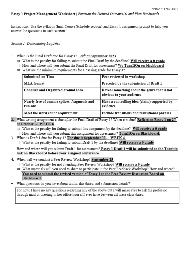 Essay 1 Project Worksheet 1301 | Download Free PDF | Essays | Peer Review