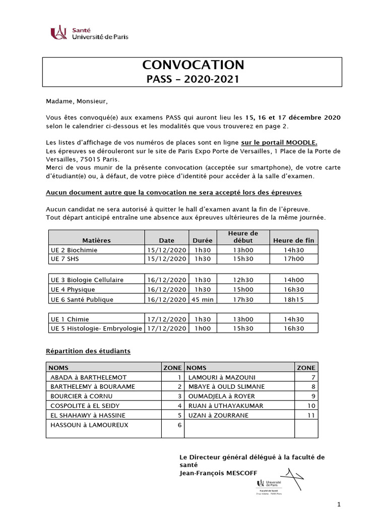 Convocation - EXAMENS PASS Dã©cembre 20 | PDF