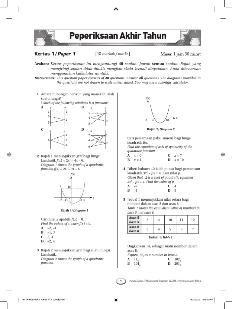 Peperiksaan Akhir Tahun PAT - PT SPM Matematik Tingkatan 4 | PDF