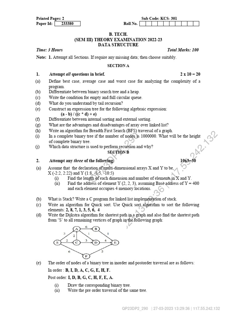 Btech Cs 3 Sem Data Structure Kcs 301 2023 | PDF | Applied Mathematics ...
