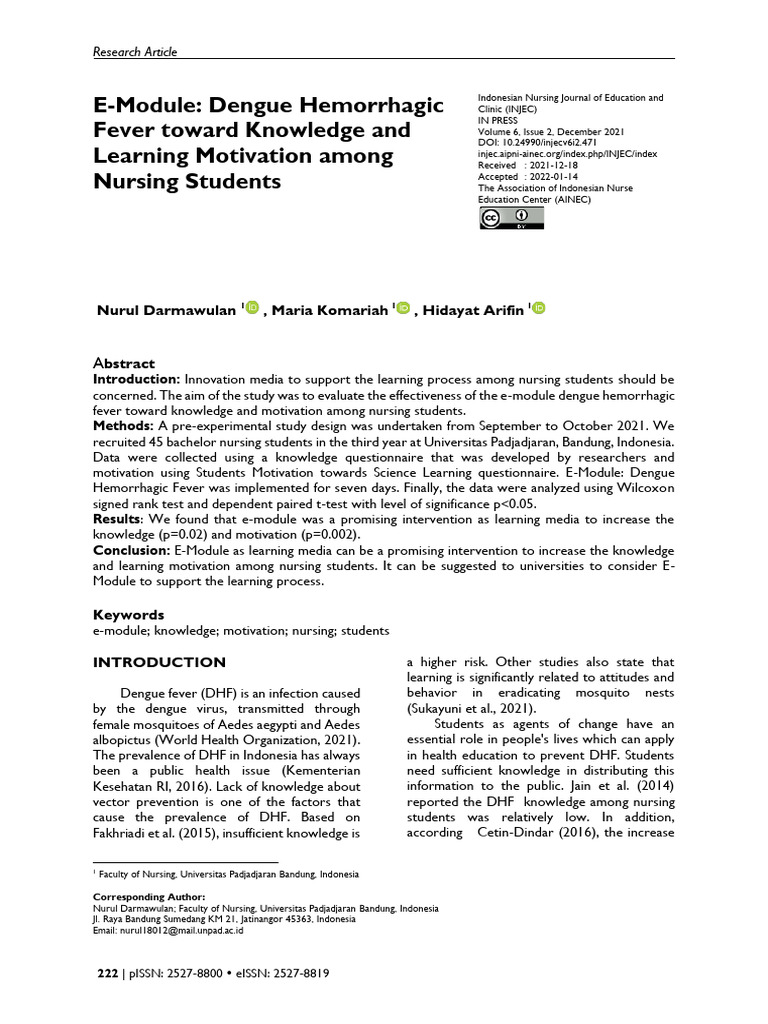 E-Module: Dengue Hemorrhagic Fever Toward Knowledge and Learning Motivation Among Nursing ...