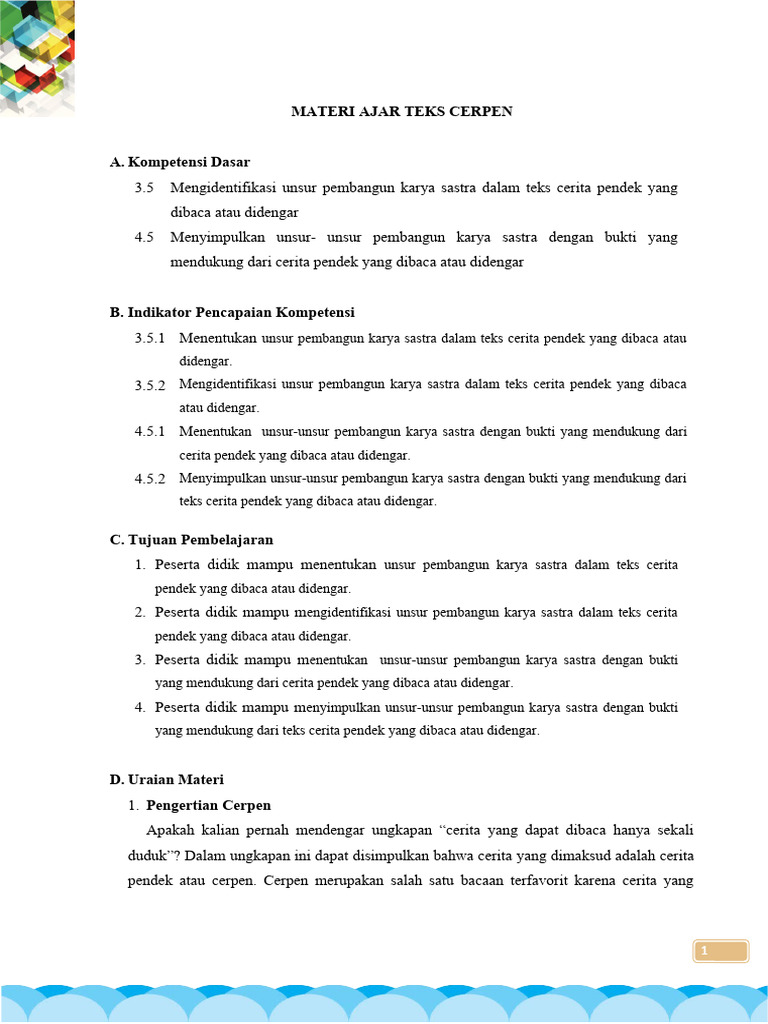 Lampiran 1 Materi Ajar Teks Cerpen KD 3.5 | PDF