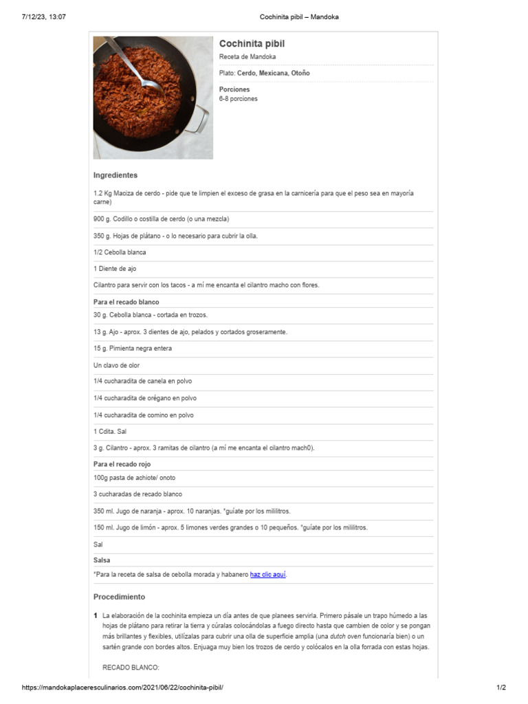 Receta de Cochinita Pibil Tradicional | PDF