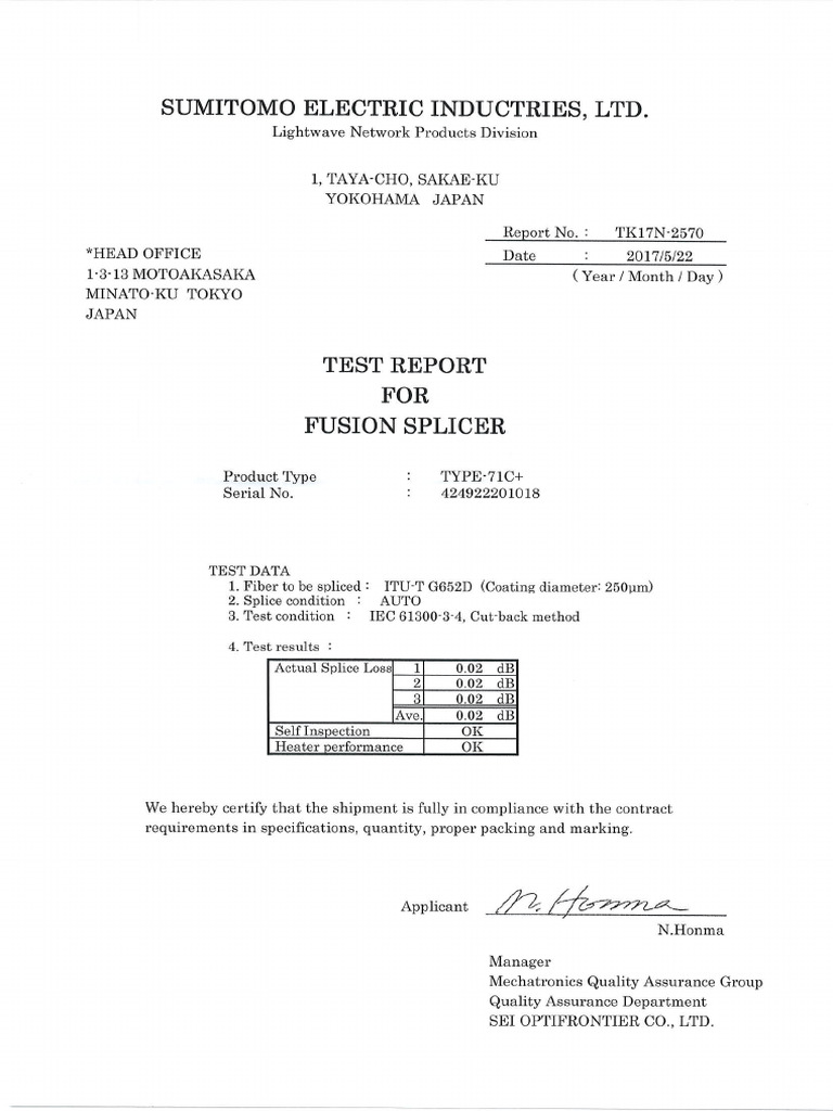 Sumitomo - Test Report - 71C+ - 424922201018 | PDF