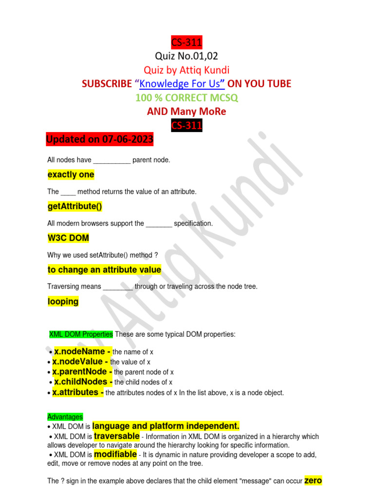 CS311 Quiz 2 by Attiq Kundi UpDated On 07-06-2023 | PDF
