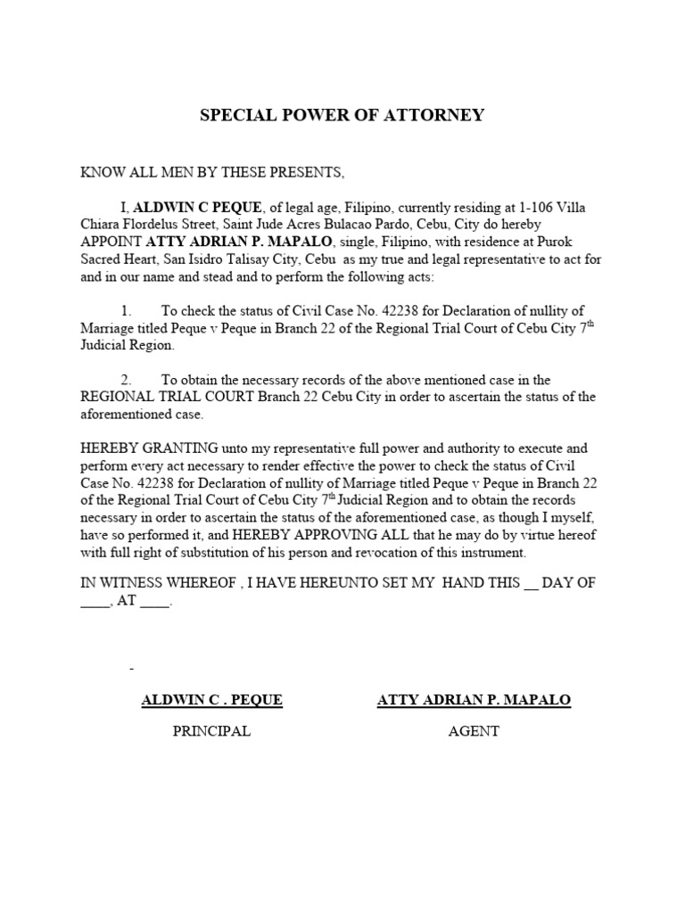 Special Power of Attorney: Aldwin C - Peque Atty Adrian P. Mapalo | PDF ...