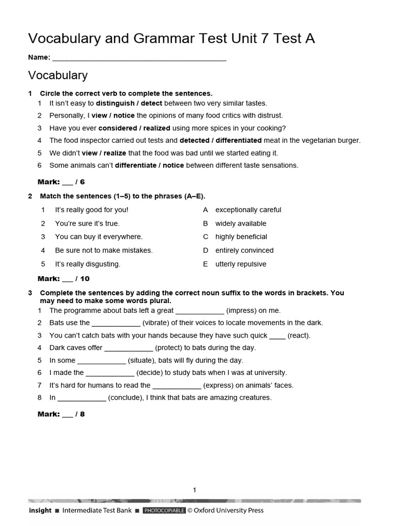 Vocabulary + Grammar Unit 7 Test A | PDF