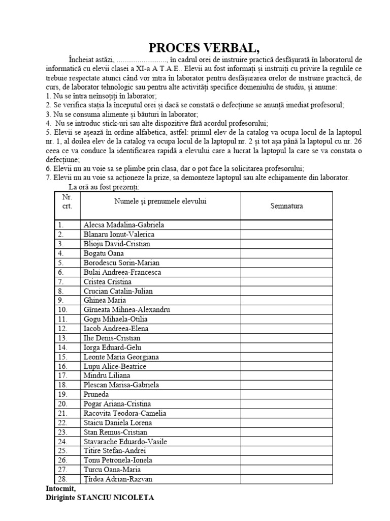 Proces - Verbal - INSTRUIRE ELEVI LABORATOR TIC | PDF