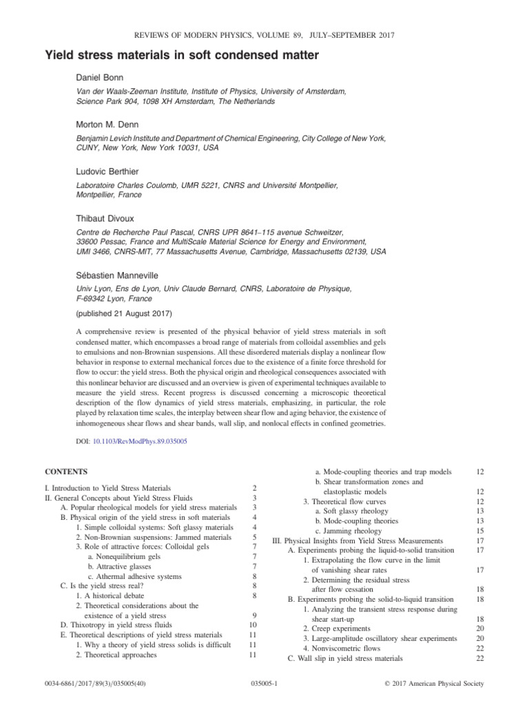 Yield stress materials in soft condensed matter | PDF
