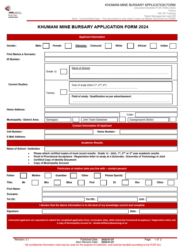 Assmang Khumani Mine Bursary Application Form 2024 | PDF | Information ...
