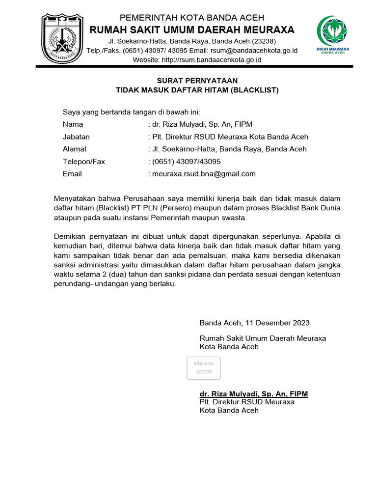 Contoh SURAT PERNYATAAN TIDAK MASUK DAFTAR HITAM (BLACKLIST) | PDF