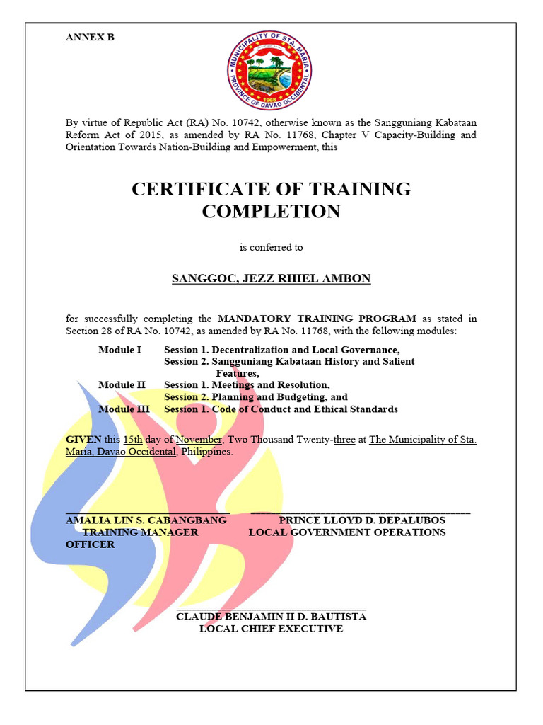 Annex B - Certificate of Training Completion | PDF | Philippines | Government