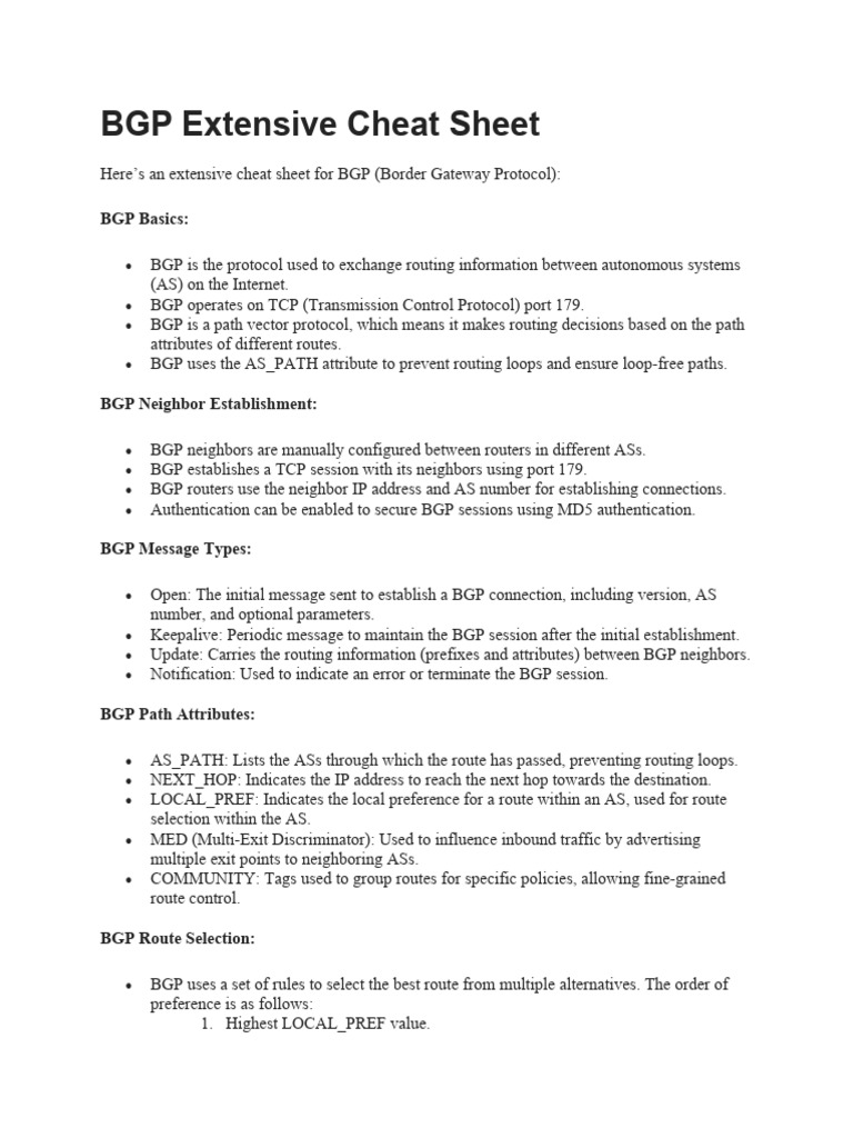 BGP Extensive Cheat Sheet | PDF | Routing | Network Layer Protocols