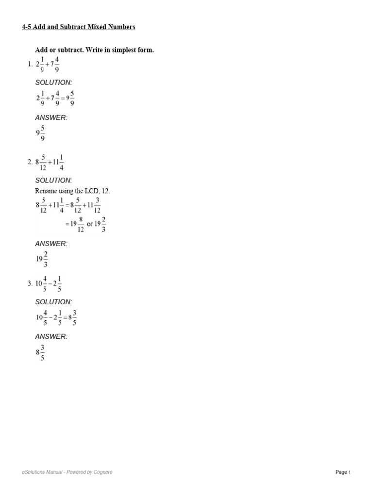 4 5 Add and Subtract Mixed Numbers | PDF | Elementary Mathematics ...