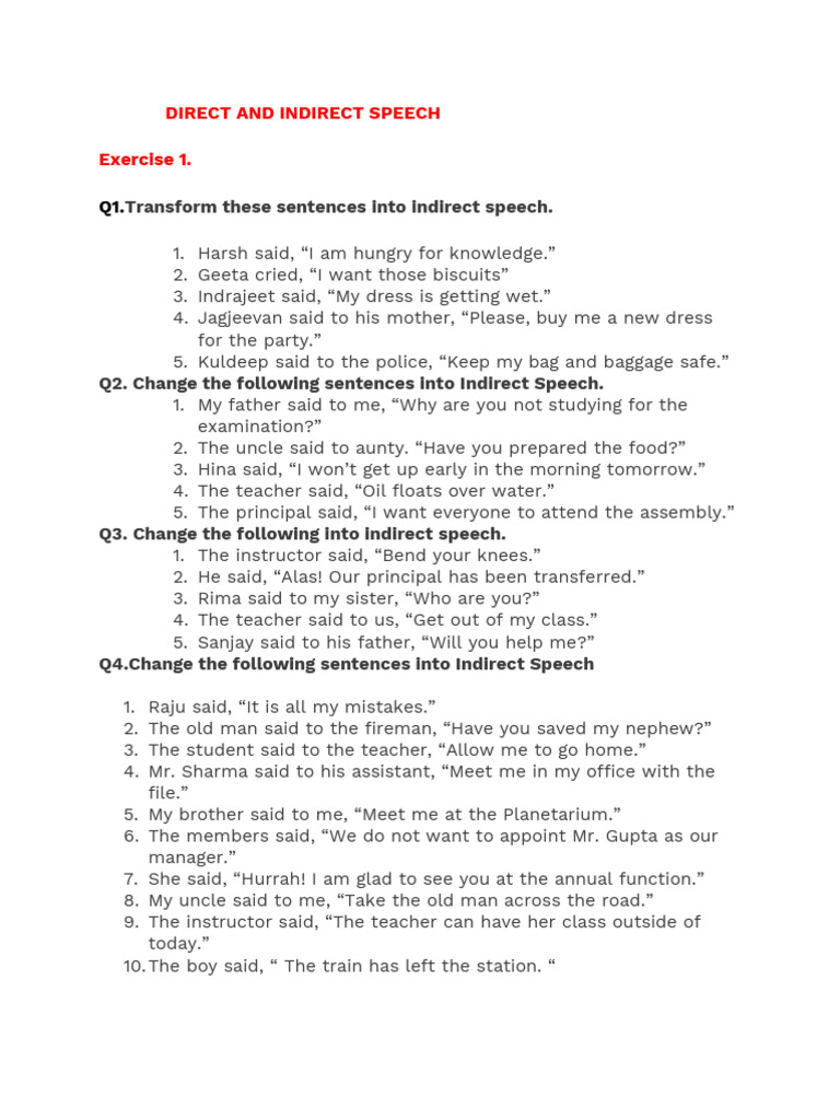 'Exercises On Direct and Indirect. | PDF