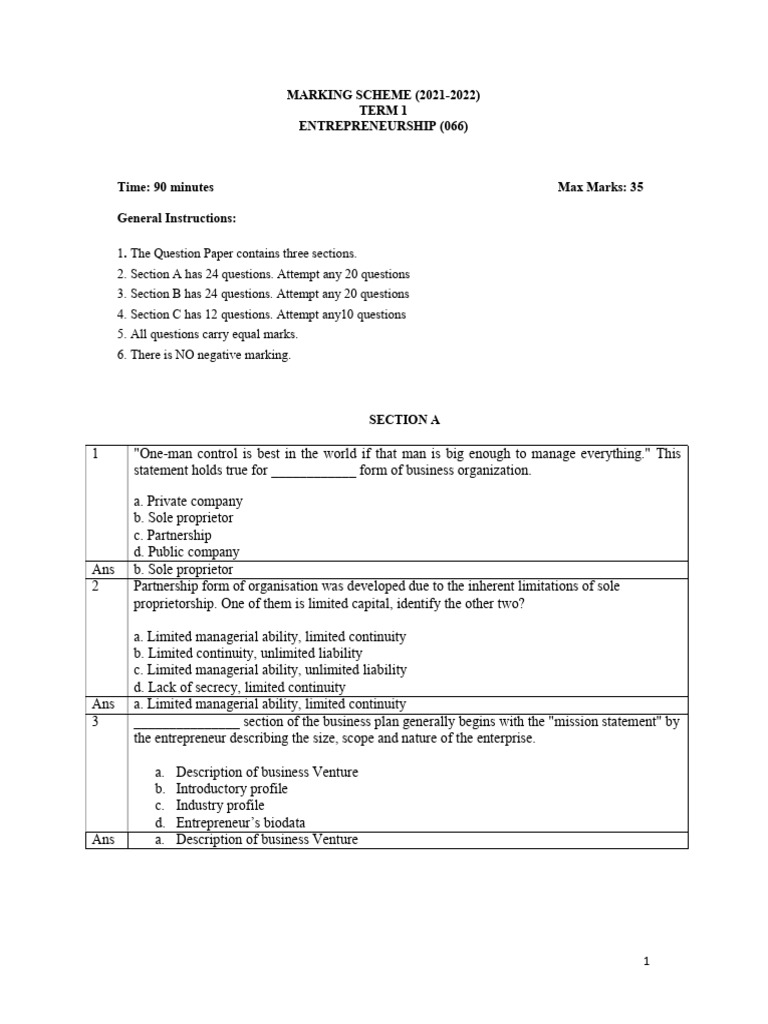 CBSE Class 12 (Term-1) Entrepreneurship Marking Scheme Question Paper ...