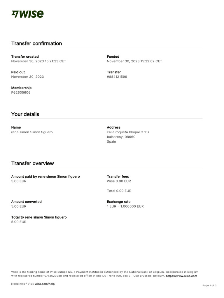 Wise Transaction Invoice Transfer 884121599 2055956082 Es | PDF