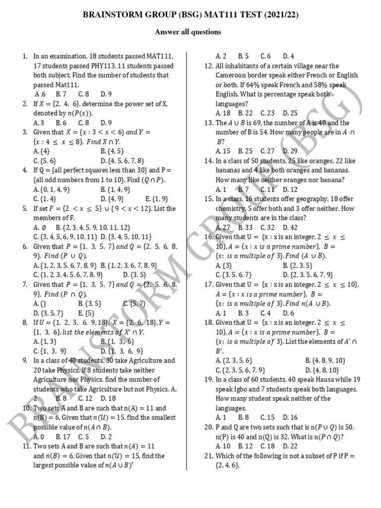 BSG MAT111 Mock Test - Set Theory | PDF