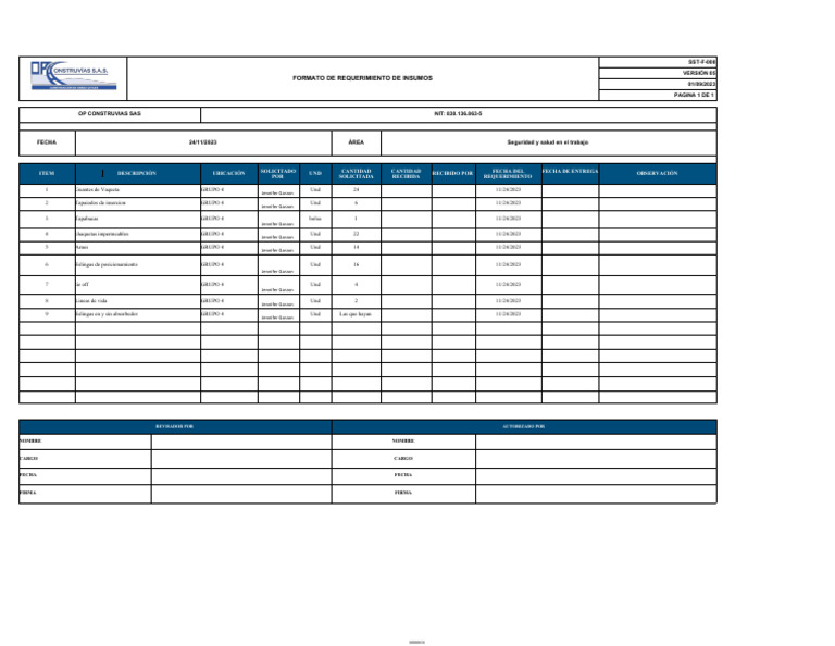 SST-F-008 FORMATO DE REQUERIMIENTO DE INSUMOS 24 de NOVIEMBRE | PDF