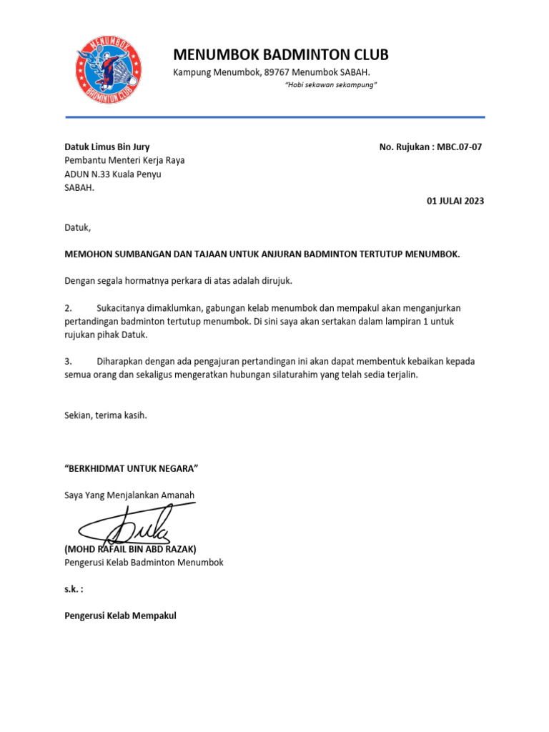 Permohonan Tajaan Pertandingan Badminton | PDF