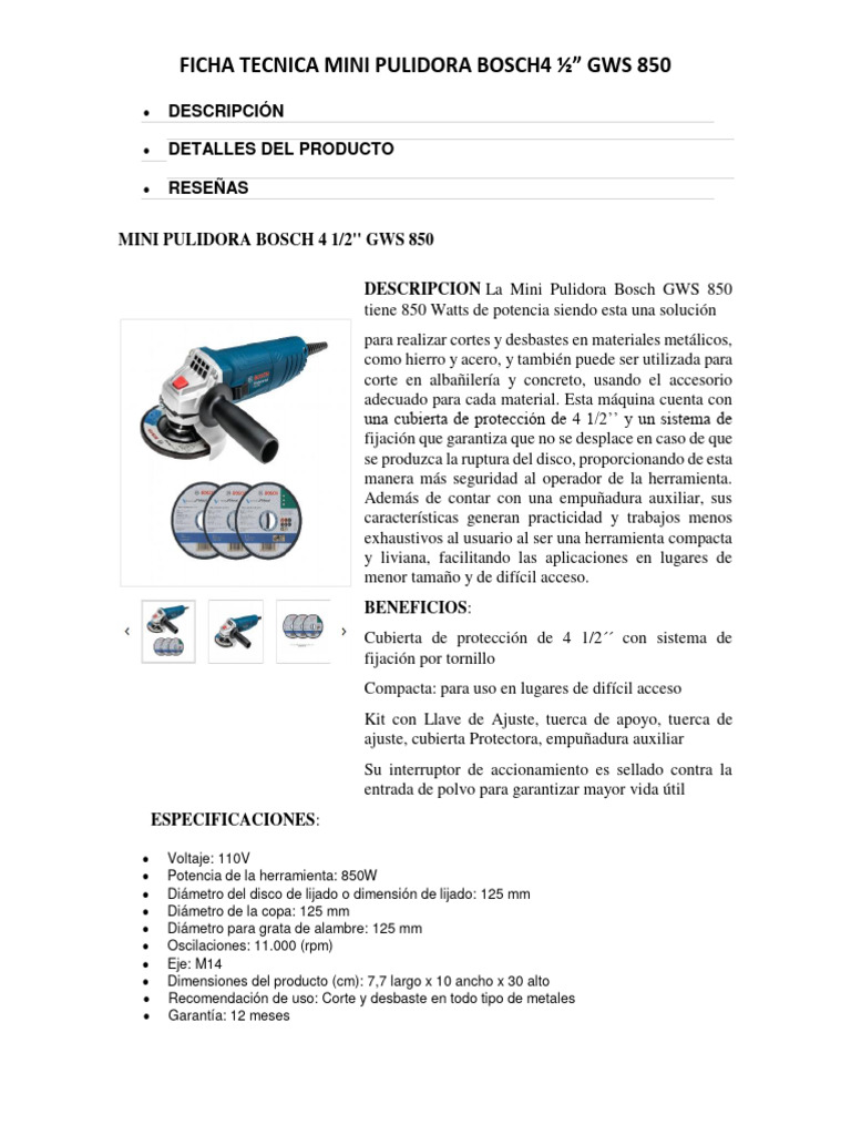 Ficha Tecnica Mini Pulidora Bosch 4 12'' GWS 850 | PDF