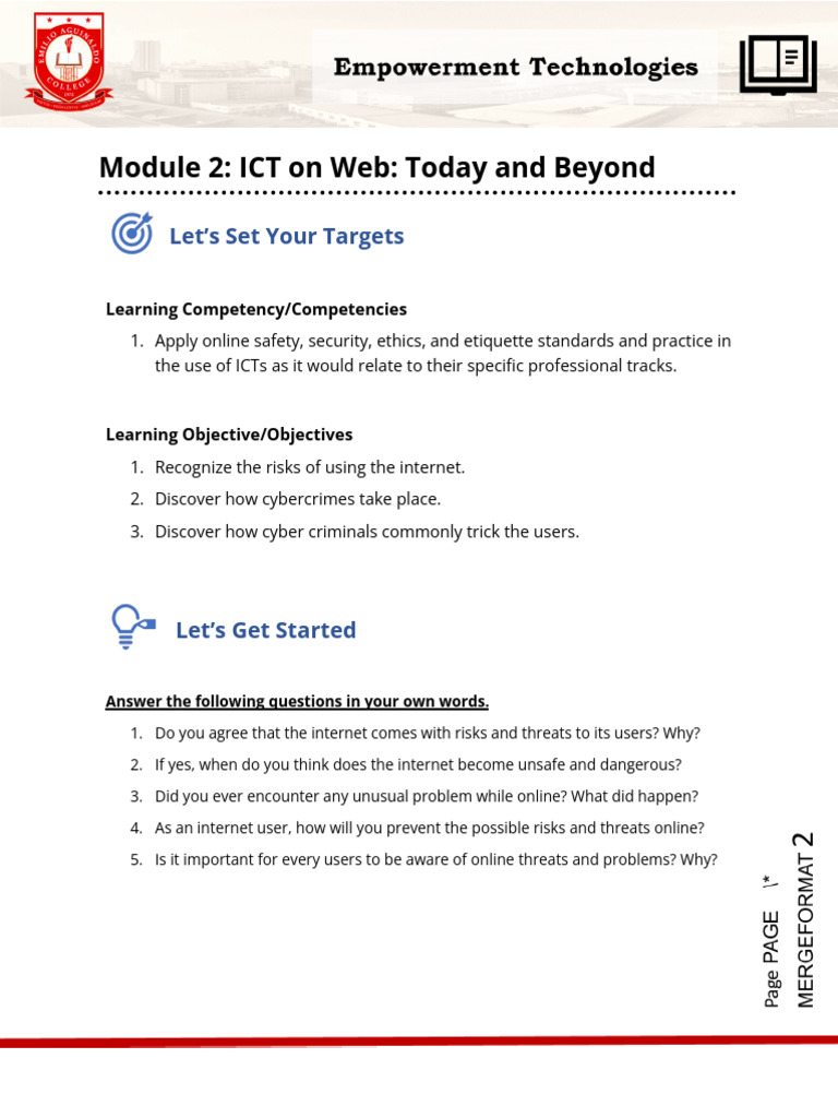 ICT ONLINE THREATS AND RISKS Module 2.2 | PDF | Malware | Phishing