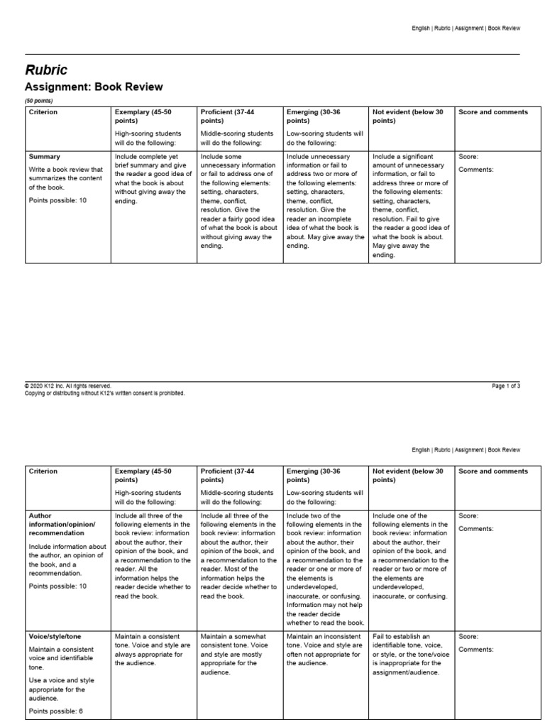 ELA6B Book Review Rubric A11Y | PDF