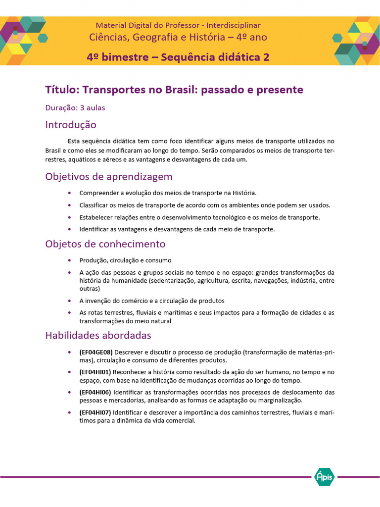 28_AP_INT_4ANO_4BIM_Sequencia_didatica_2_TRTA | PDF | Transporte | Rodovia de acesso controlado