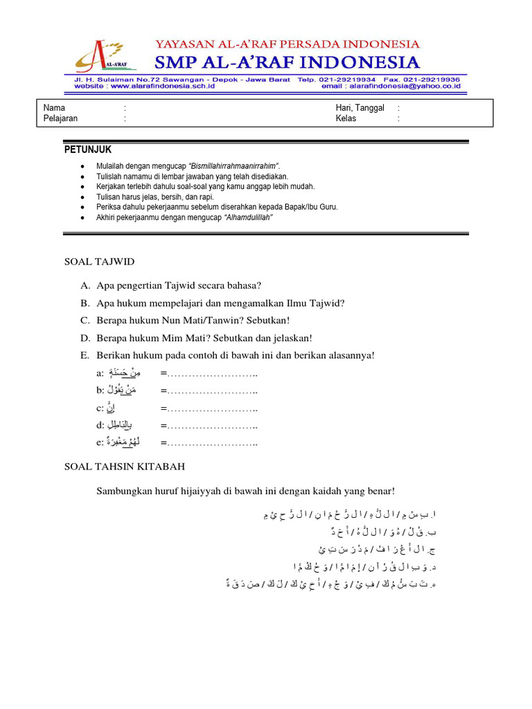 Soal UTS Tahsinul Kitabah Kelas 1 | PDF
