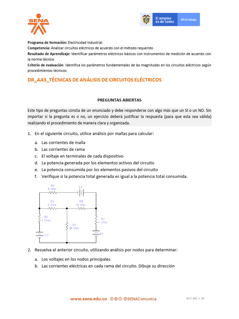 DR - Aa3 - Técnicas de Análisis de Circuitos Eléctricos: Preguntas Abiertas | PDF