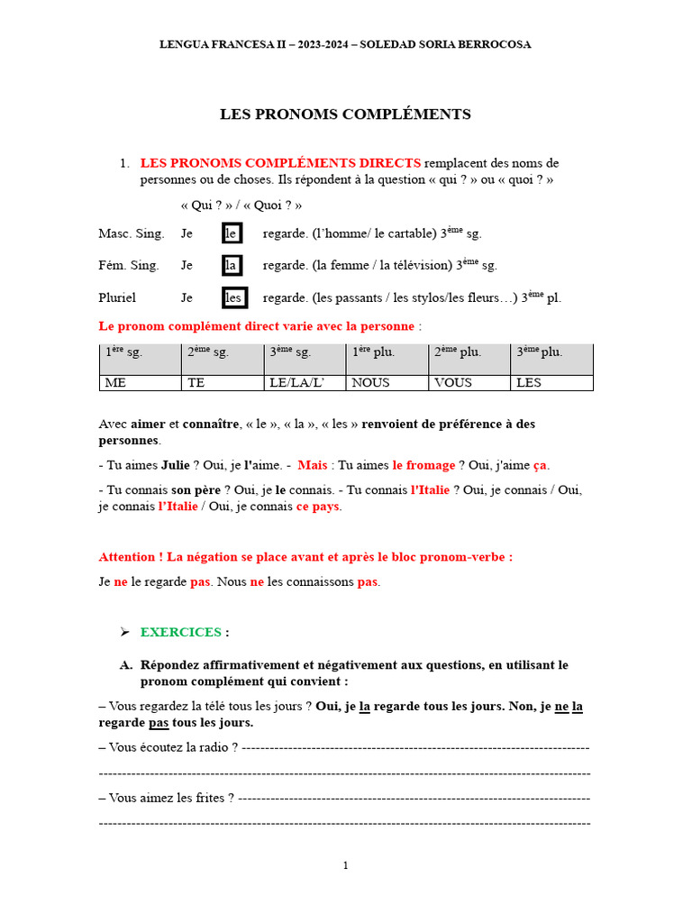 Cours Et Exercices Les Pronoms Compléments | PDF