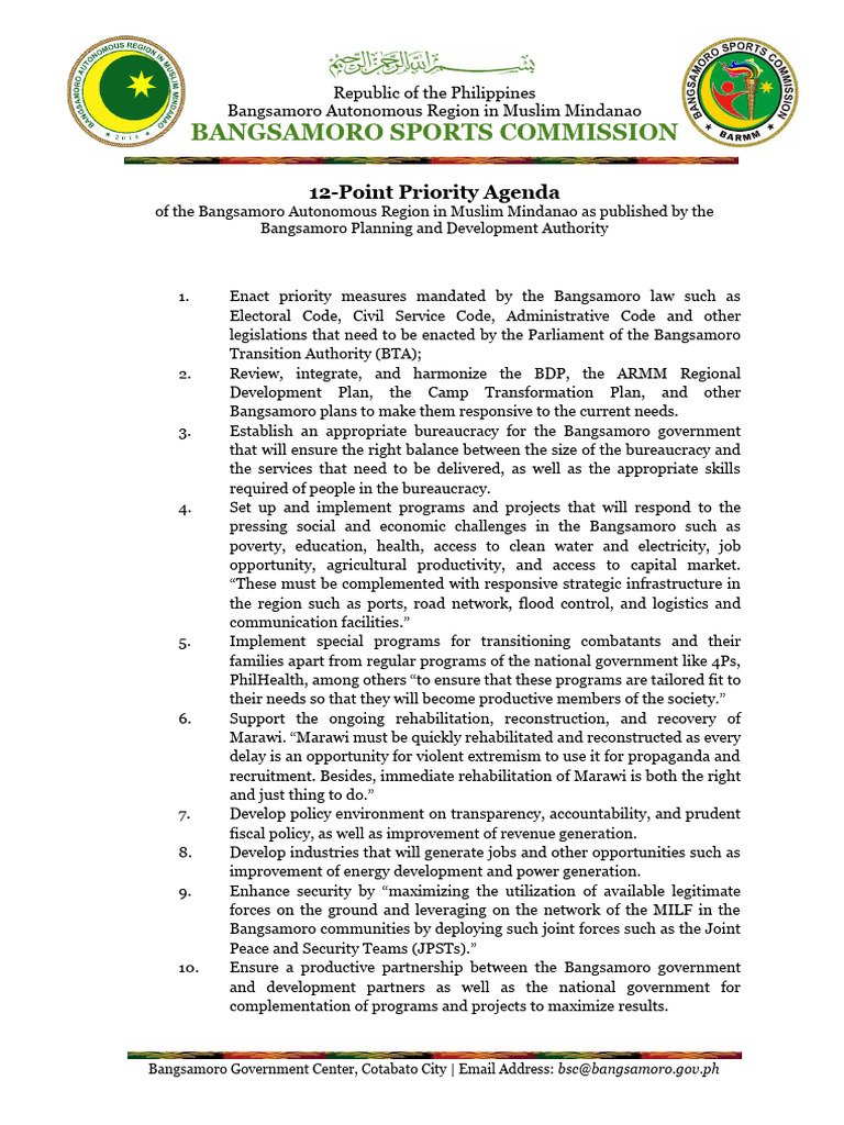 12 Point Agenda of BARMM | PDF | Economies