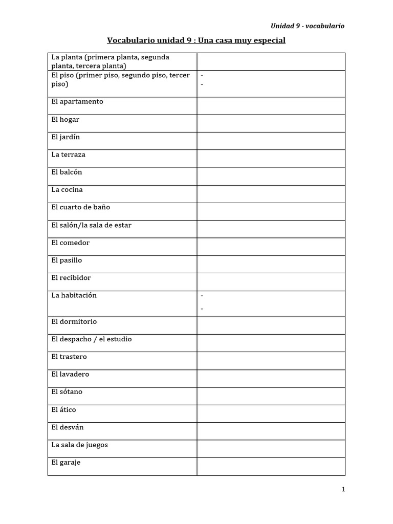 Unidad 9 Casas Vocabulario | PDF