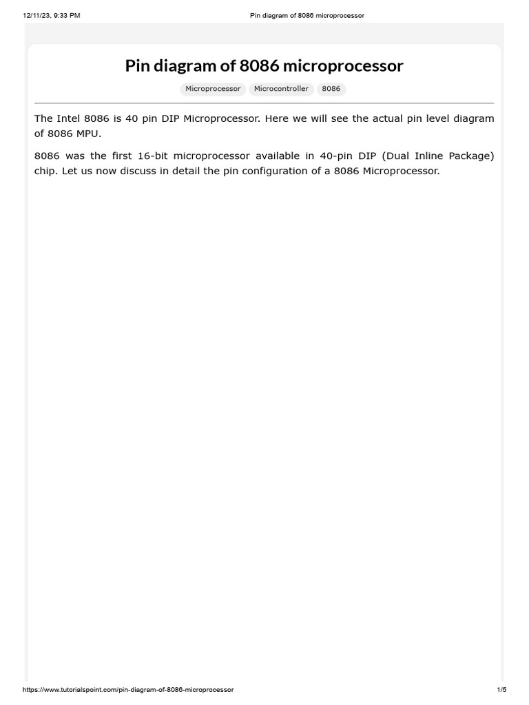 Draw and Explain Pin Diagram of 8086 Microprocessor | PDF