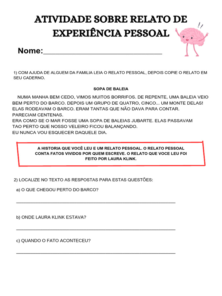 ATIVIDADE SOBRE RELATO DE EXPERIÊNCIA PESSOAL | PDF