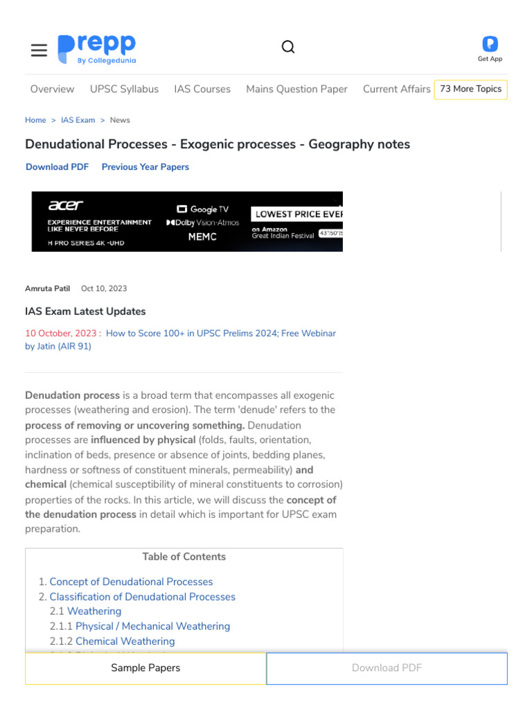 Denudational Processes in Geography | PDF