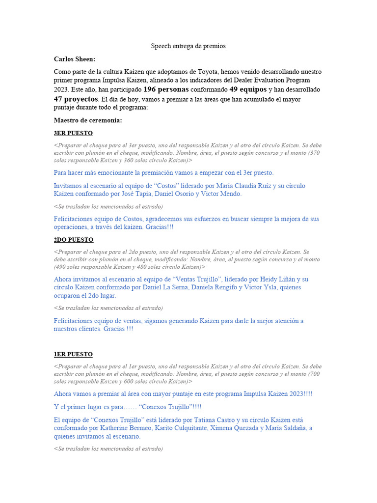 Speech Entrega de Premios Impulsa Kaizen | PDF | Lean Manufacturing
