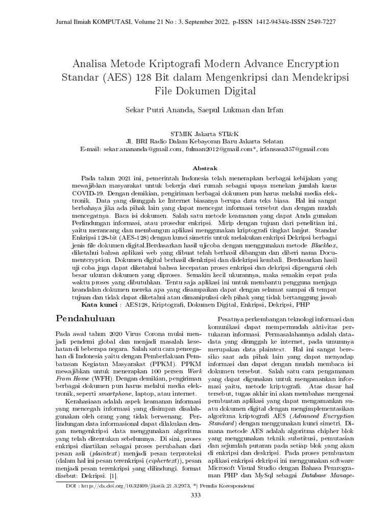 Analisa Metode Kriptografi Modern Advance Encryption Standard (AES) 128 ...
