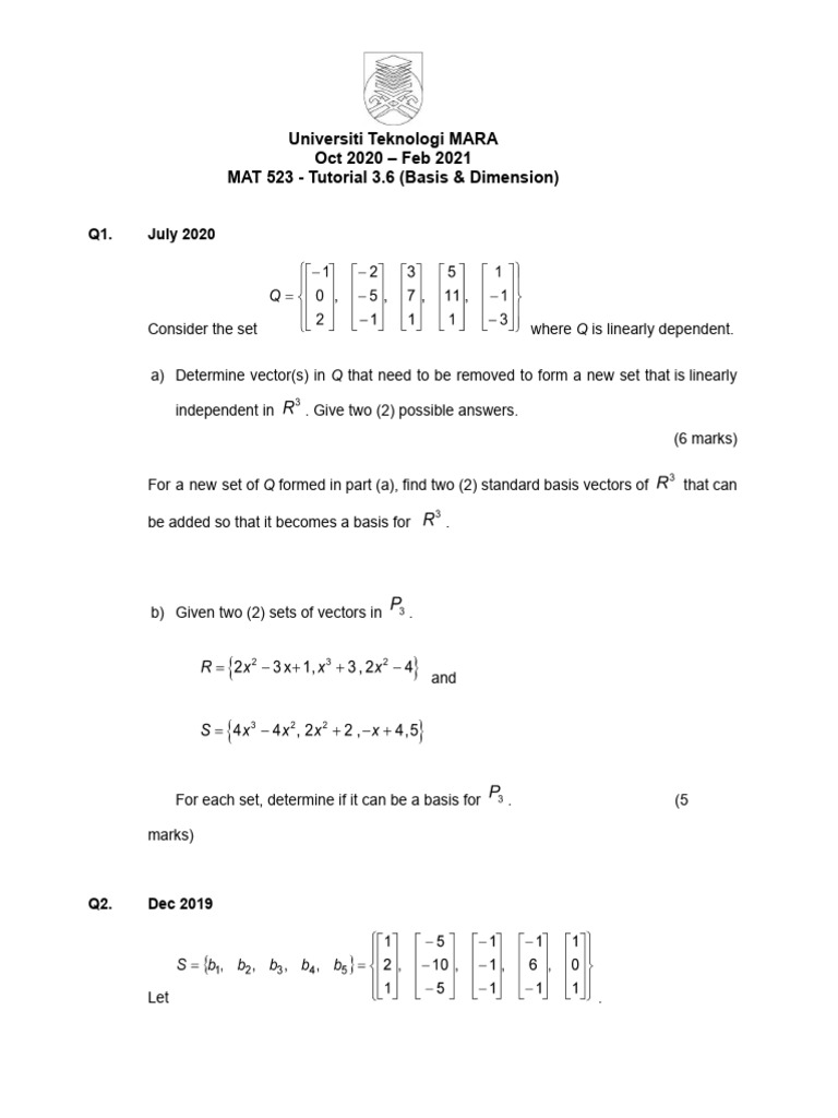 Tutorial 3 6 Basis And Dimensionand Plus Minus Theorem Docx Pdf