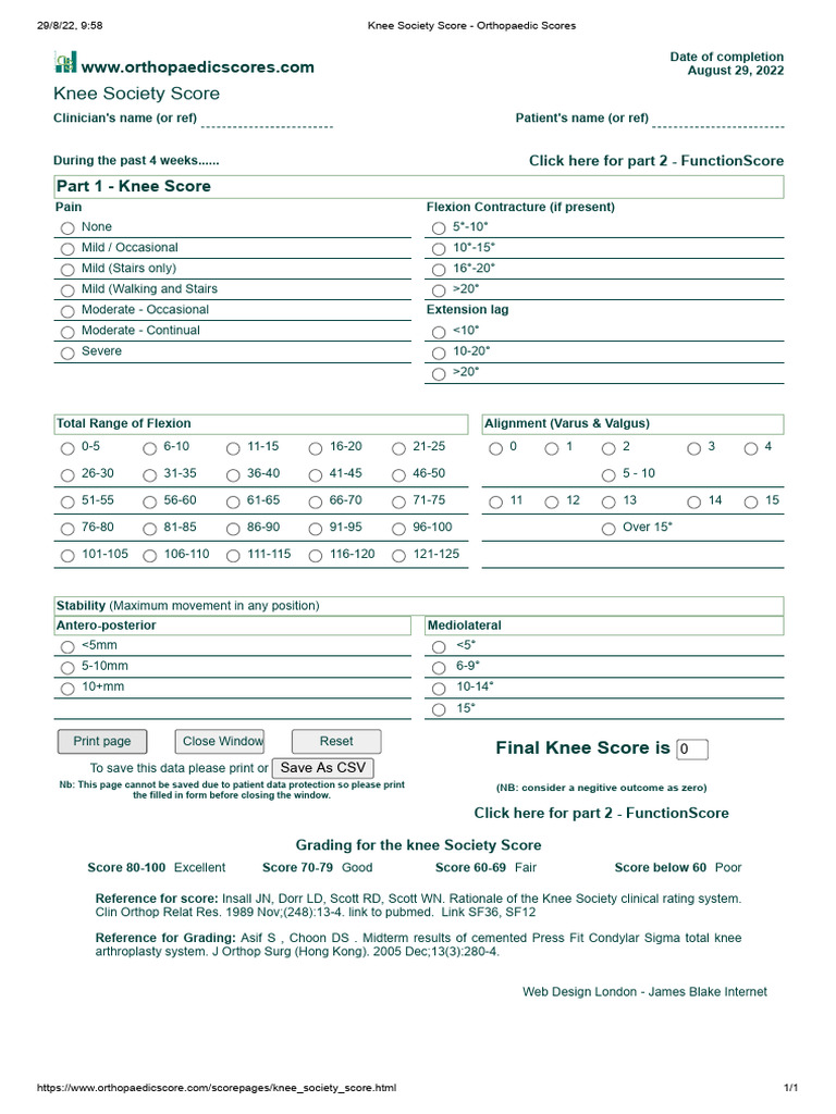 Knee Society Score Orthopaedic Scores | PDF | Knee | Musculoskeletal System