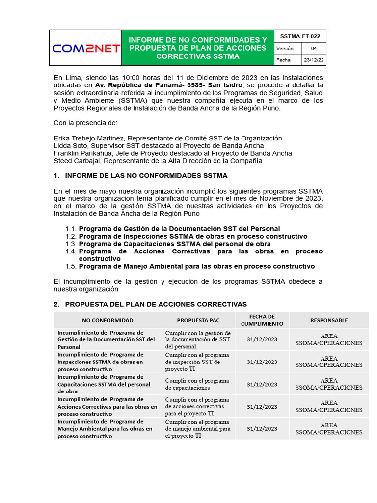 SSTMA-FT-022 INFORME NO CONFORMIDADES Y PLAN ACC SSTMA (5) .Docx - Documentos de Google | PDF ...