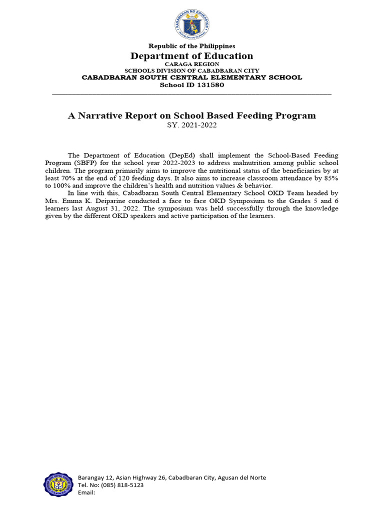 Narrative Report on SBFP | PDF