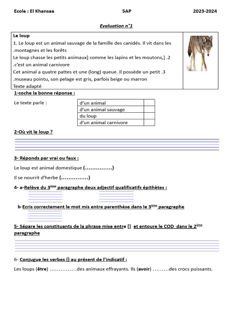 Evaluation n1 Le Loup 2023 2024 | PDF