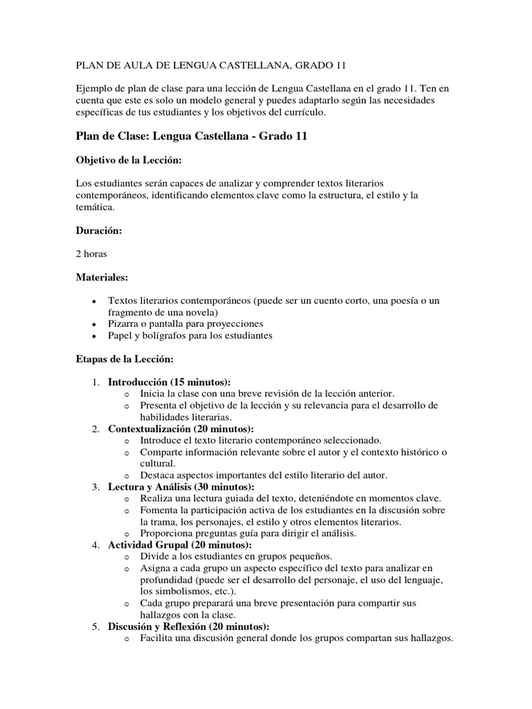 Ejemplo de Plan de Aula, Grado 11, Lengua Castellana | PDF | Autor | Comunicación humana