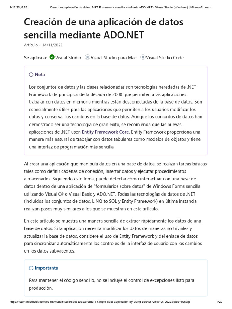 Crear Una Aplicación de Datos .NET Framework Sencilla Mediante | PDF