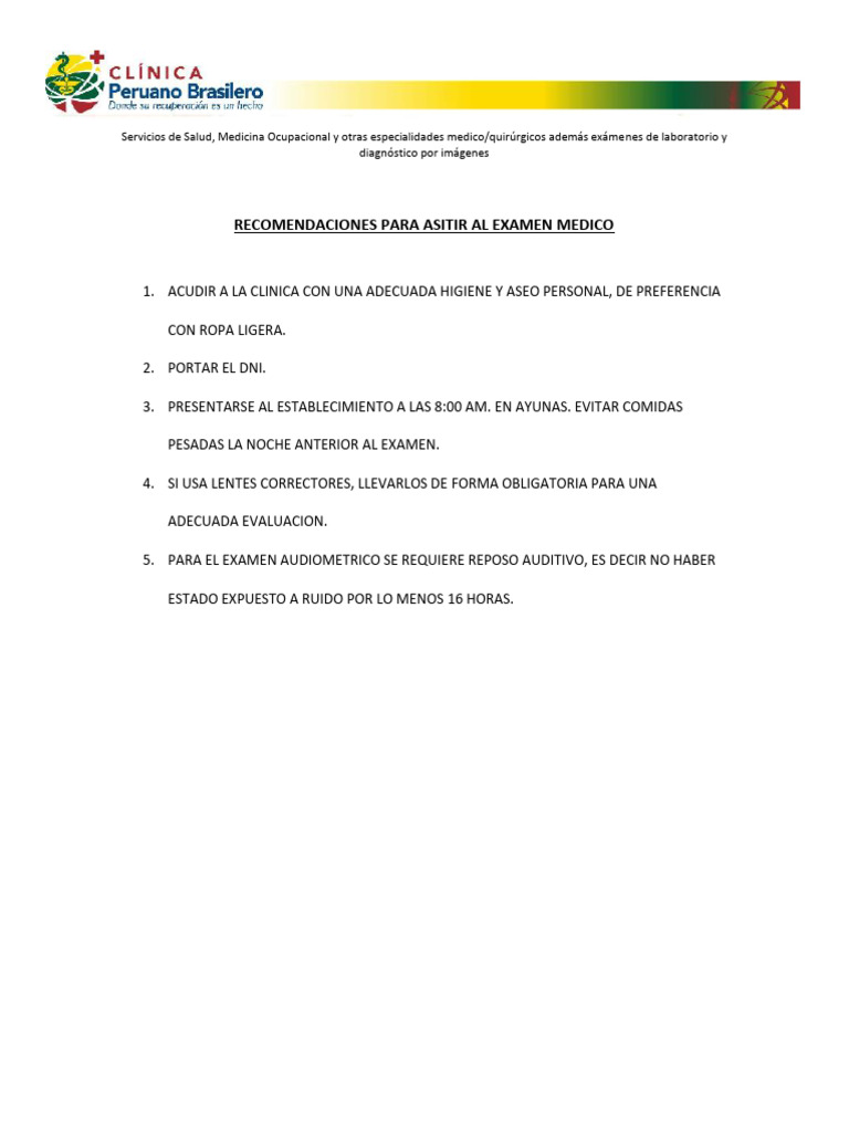 Recomendaciones para Asitir Al Examen Medico | PDF Recomendaciones para Asitir Al Examen Medico | PDF