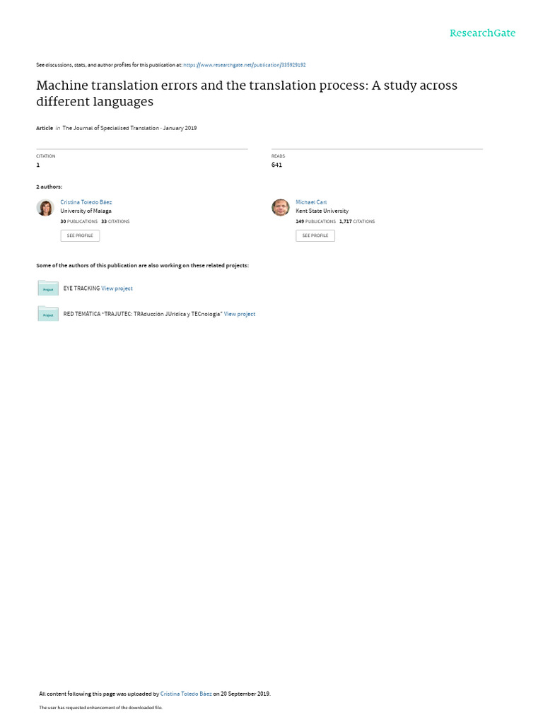 Machine Translation Errors and The Translation Process: A Study Across ...