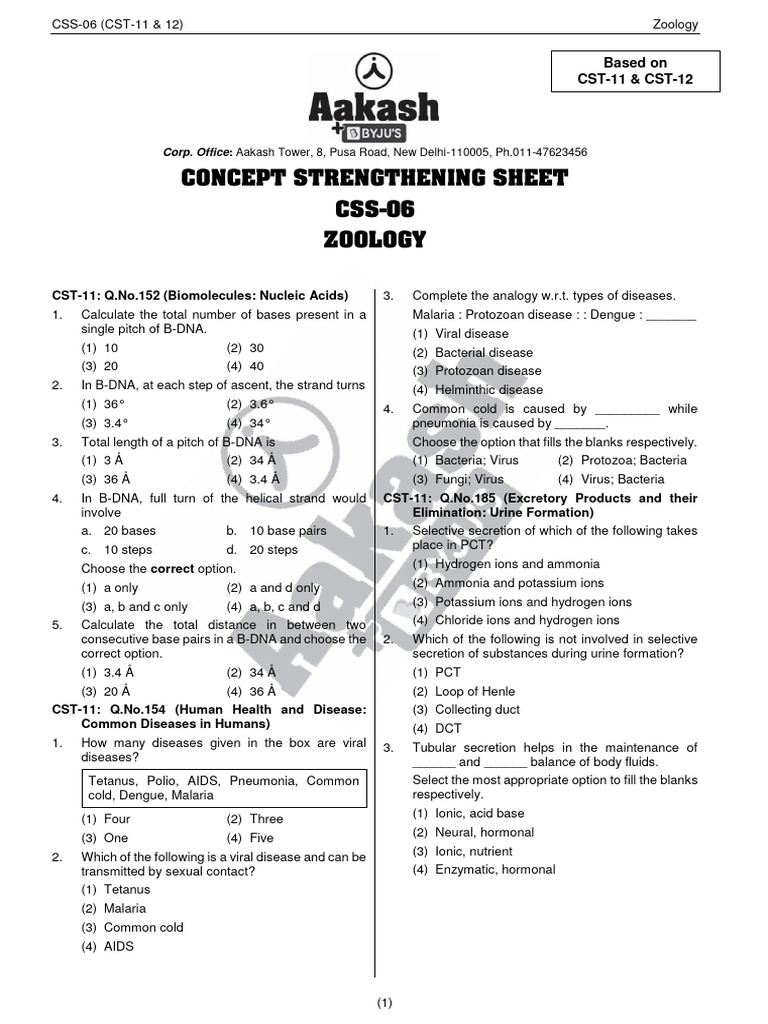 Concept Strengthening Sheet (CSS-06) Based On CST-11 & 12 - Zoology-1 ...