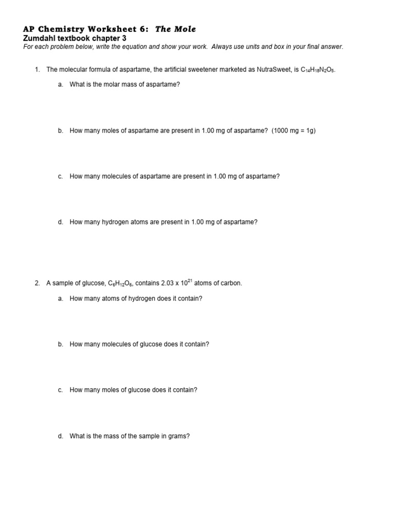 Mole Calculations Practice Worksheet | PDF