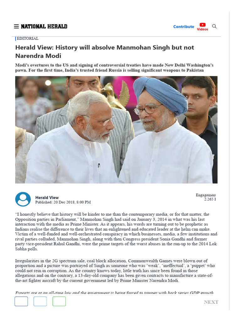 Herald View - History Will Absolve Manmohan Singh But Not Narendra Modi | PDF
